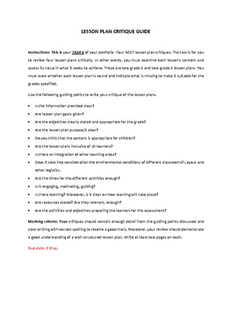 Critique Guide For Nect Lesson Plans Review 2024 Studocu