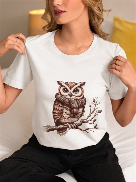 Artistic Owl Illustration Unisex Tee Vintage Style Owl In Scarf Print