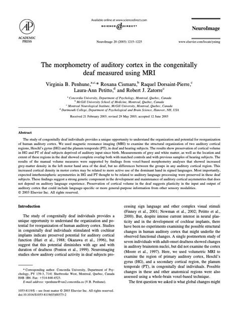 “auditory Cortex Morphometry In The Congenitally Deaf Measured Using