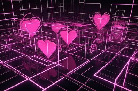 Premium Photo Geometry Wireframe Shapes And Grids In Neon Pink Color 3d Hearts Abstract