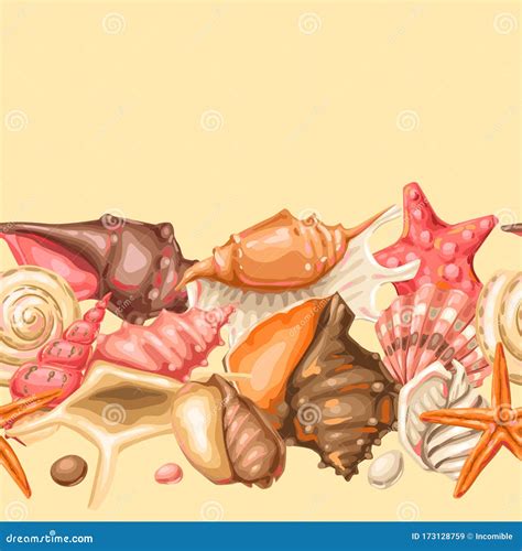 Seamless Pattern With Seashells Tropical Underwater Mollusk Shells