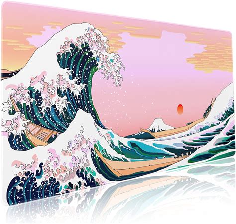 Cute Pink Japanese Wave Xxl Desk Mat Kawaii Aesthetic Extended
