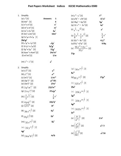 Indices Igcse Mathematics 0580 Past Papers Worksheets With Answers