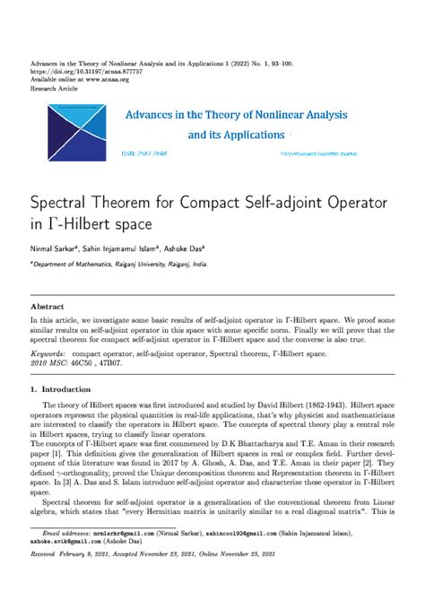 Pdf Spectral Theorem For Compact Self Adjoint Operator In Γ Hilbert Space