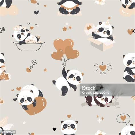 팬더 완벽 한 패턴입니다 귀여운 팬더와 풍선 잠과 명상 휴식 직물 벽지 카드 Nowaday 벡터 배경에 대 한 장식 인쇄 곰에 대한 스톡 벡터 아트 및 기타 이미지 Istock