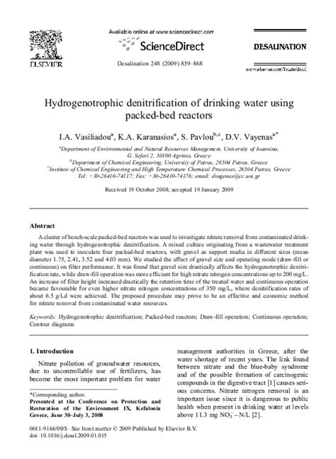 Pdf Hydrogenotrophic Denitrification Of Drinking Water Using Packed Bed Reactors