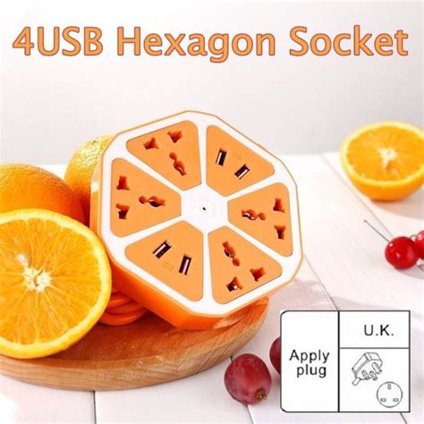4 X Usb Ports 4 X Universal Power Ports Uk Plug Hexagon Multi Socket