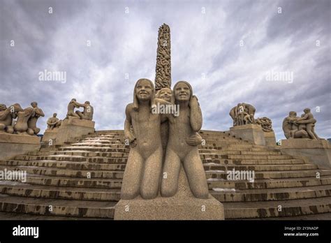 Oslo - February 11 2023: Statues in the famous Vigeland Park in Oslo ...
