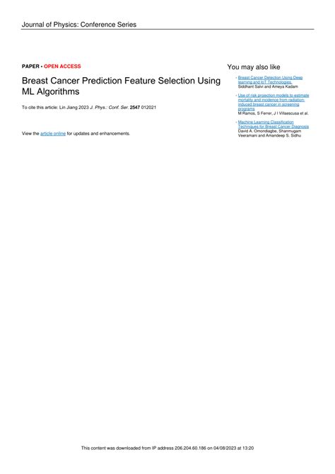 Pdf Breast Cancer Prediction Feature Selection Using Ml Algorithms