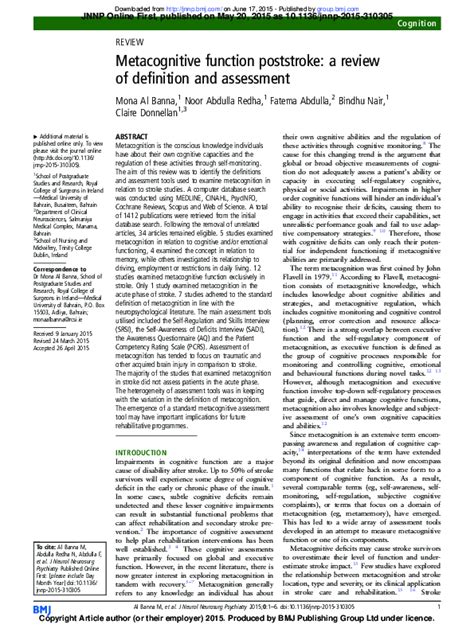 Pdf Metacognitive Function Poststroke A Review Of Definition And Assessment