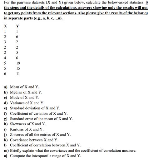 Solved For The Pairwise Datasets X And Y Given Below Chegg