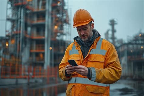 engineer at construction site using smartphone for text messaging and project coordination