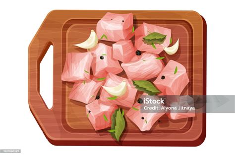 닭고기 조각 큐브 생고기 향신료 마늘 나뭇잎을 곁들인 잘게 썬 조각이 흰색 배경에 분리된 만화 스타일의 나무 보드 탑 뷰에 있습니다 익히지 않은 재료 벡터 그림 고기에 대한