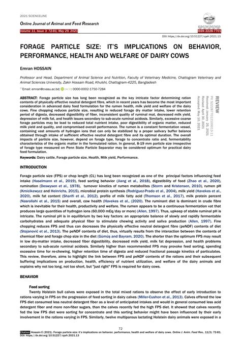 Pdf Forage Particle Size It S Implications On Behavior Performance Health And Welfare Of