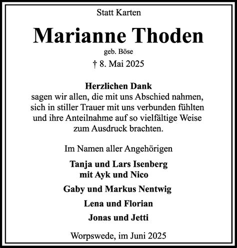 Traueranzeigen Von Marianne Thoden Trauer And Gedenken