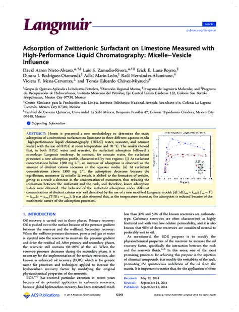 Pdf Adsorption Of Zwitterionic Surfactant On Limestone Measured With