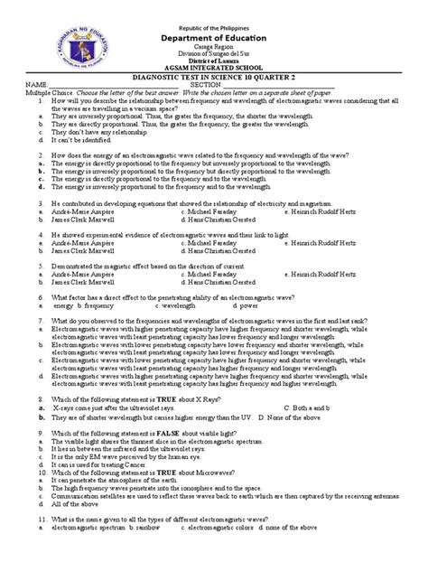 Diagnostictest In Science 10 Quarter 2 Pdf Electromagnetic Spectrum