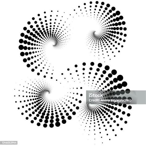벡터 편집 가능한 그래픽입니다 원형 나선형의 형태로 흑백 점 둥근 기하학적 로고 스텐실 점선 프레임 웹 배너 포스터 커버 소셜 미디어 스플래시 텍스트를 배치 할 수있는 장소