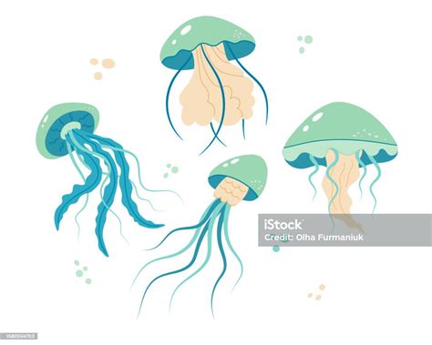 해파리 만화 같은 평면 장식 세트입니다 손으로 그린 유독 한 메두사 컬렉션 해양 해양 주민 간단한 해상 캐릭터 디자인 격리 벡터 그림입니다 해파리에 대한 스톡 벡터 아트 및