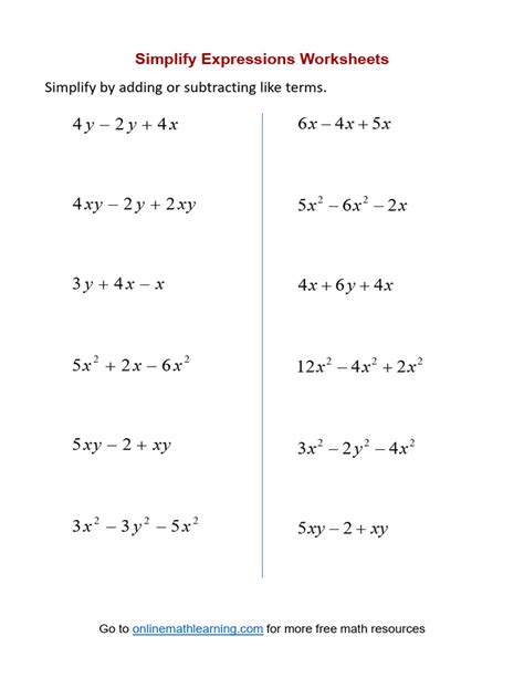 Simplify Expression Add Subtract Worksheet2 Pdf