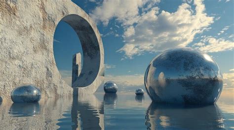 Abstract Surreal Landscape With Metal Spheres And Concrete Architecture