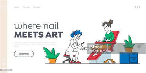 페디큐어 살롱 방문 페이지 템플릿을 방문 하는 여자 캐릭터 여자 적용 아름다움 절차 의자에 앉아 클라이언트에 손톱에 대한 마스터 연마 및 관리 선형 사람 선형 벡터