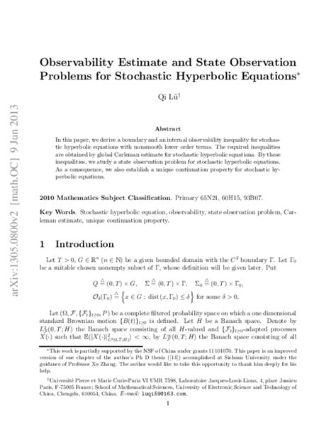Pdf Observability Estimate And State Observation Problems For Stochastic Hyperbolic Equations