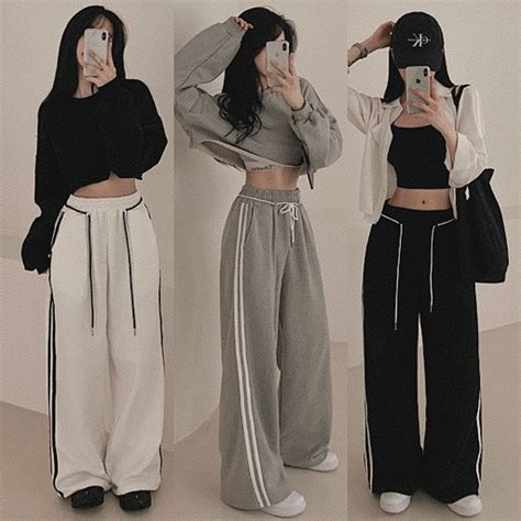 힙해두줄라인 주니 트랙 스트링 라인 배색 와이드 트레이닝 팬츠 3color 에이블리