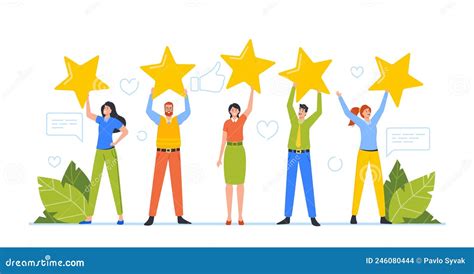 Tiny Male And Female Clients Characters Holding Huge Stars Rating
