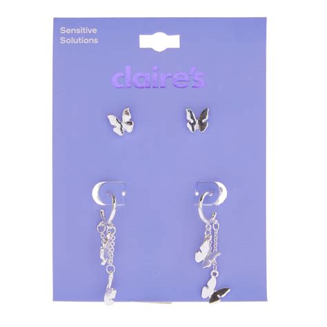 Claires Teen Girls Silver Butterfly Matching Earring Set With Dangle