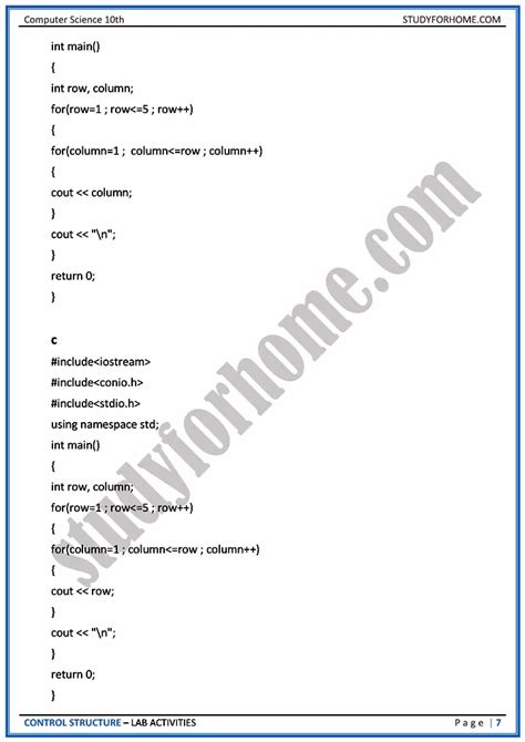 Control Structure Lab Activities Computer Science Class 10th