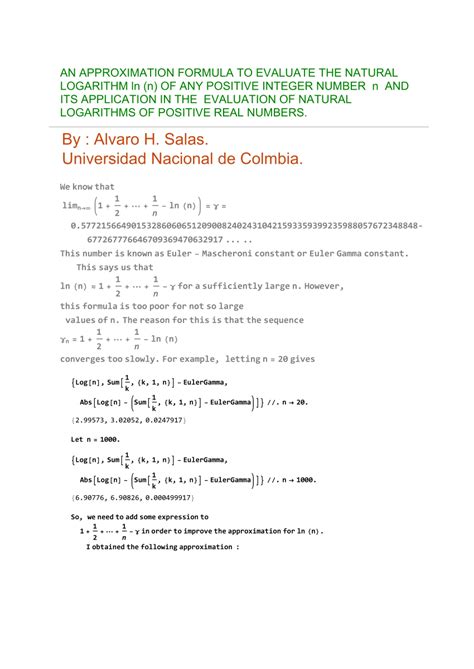 Pdf An Approximation Formula To Evaluate The Natural Logarithm Ln N