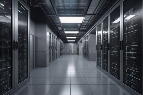 rows of server racks in a data center hallway stock illustration