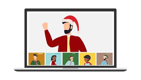 메리 크리스마스와 새해 복 많은 새해를 기원하는 사람들은 2022 년 화상 통화 또는 웹 컨퍼런스를 통해 휴일을 축하하고 선물을 제공합니다 웹 배너 포스터에 대한 플랫 벡터