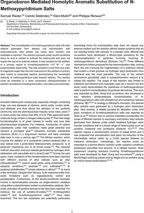 Organoboron Mediated Homolytic Aromatic Substitution Of N Methoxypyridinium Salts Organic
