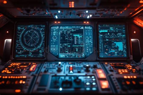 Futuristic Spaceship Cockpit Control Panel Monitoring System Displaying Complex Data On Glowing