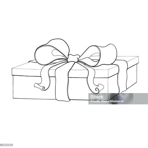 흰색 배경에 고립 된 아름다운 손으로 그린 선물 상자 무성한 활과 리본으로 그려진 라인 아이콘 감싼 선물 스케치 일러스트레이션
