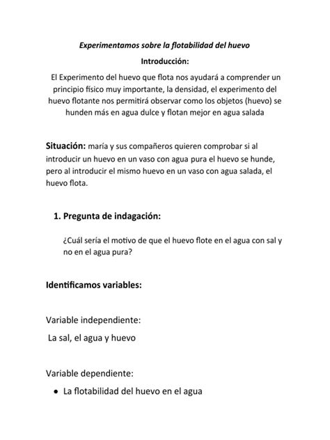Experimentamos Sobre La Flotabilidad Del Huevo 5d Pdf Agua