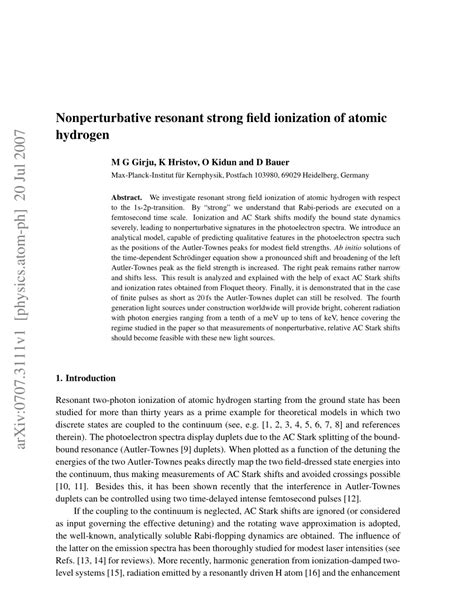 Pdf Nonperturbative Resonant Strong Field Ionization Of Atomic Hydrogen
