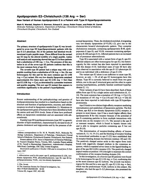 Apolipoprotein E2 Christchurch 136 Arg Ser New Variant Of Human Apolipoprotein E In A