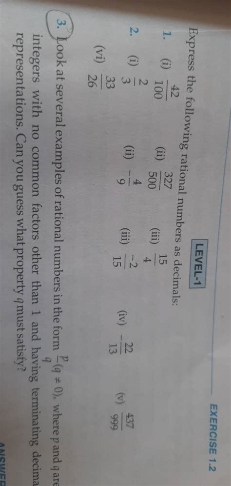 Exercise 1 2 Level 1 Express The Following Rational Numbers As Decimals