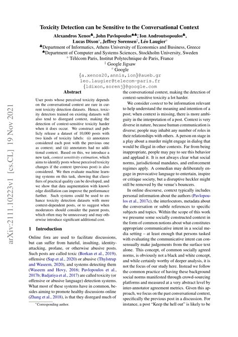 Pdf Toxicity Detection Can Be Sensitive To The Conversational Context