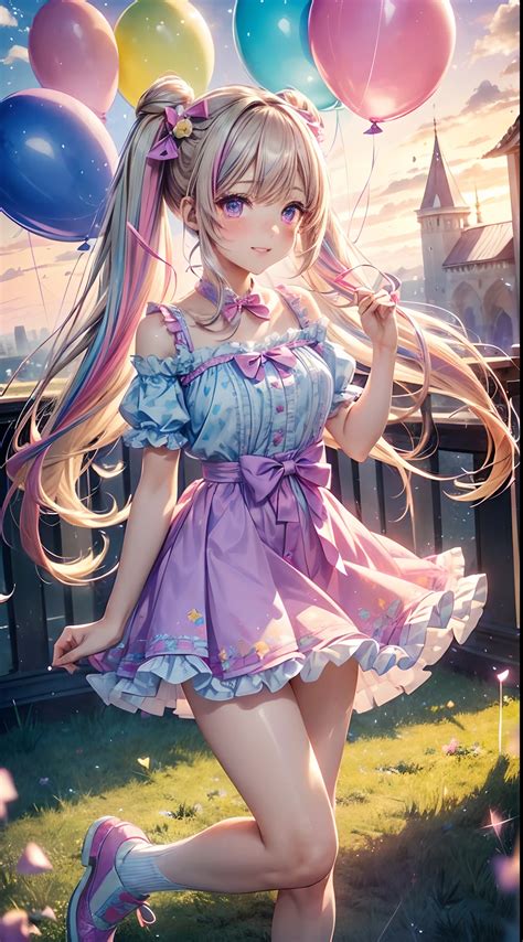 긴 머리와 풍선을 들고 있는 드레스를 입은 소녀 Seaart Ai