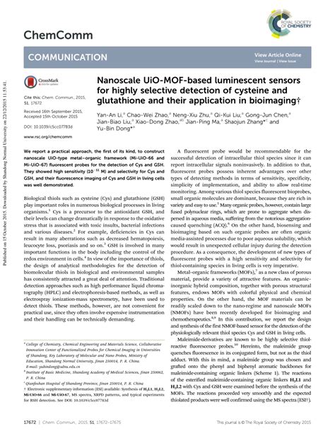 Pdf Nanoscale Uio Mof Based Luminescent Sensors For Highly Selective Detection Of Cysteine And