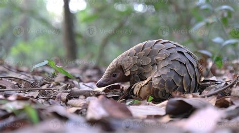 Close Up Of A Pangolin With Scales Surrounded By Leaves In An Asian