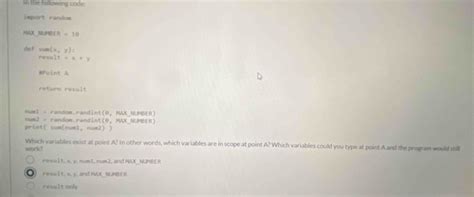 Solved In The Following Code Import Random Max Number 10 Def Sum X Y Resu T X Y Point A