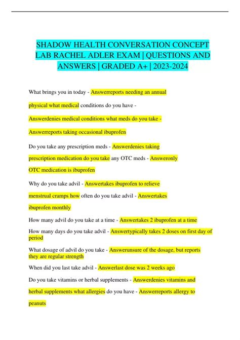 shadow health conversation concept lab rachel adler exam questions