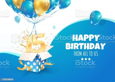 15 년 생일 벡터 3d 일러스트의 축하 15 주년 기념 행사 밝은 배경에 풍선에 비행 폭발 색종이와 황금 번호와 오픈 선물 상자 생일에 대한 스톡 벡터 아트 및 기타