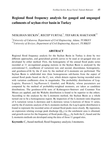 Pdf Regional Flood Frequency Analysis For Gauged And Ungauged Cathments Of Seyhan River Basin