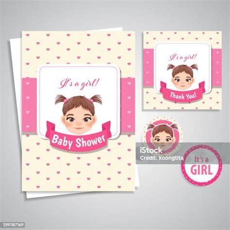 베이비 샤워 소녀 테마 초대장 템플릿 아기 소녀 얼굴 만화 캐릭터 디자인 벡터 귀여운에 대한 스톡 벡터 아트 및 기타 이미지 귀여운 달콤한 음식 딸이예요 Istock
